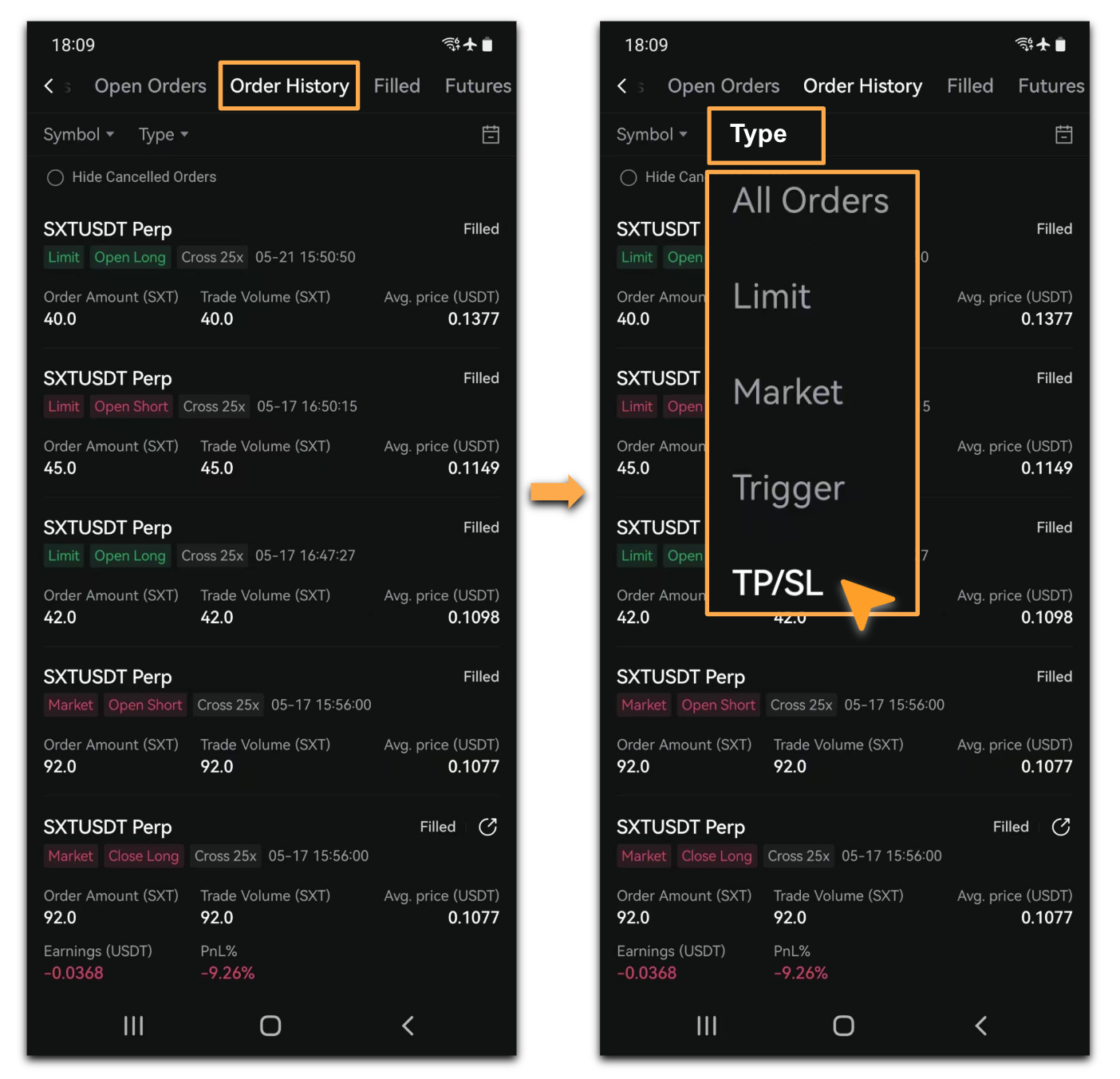 How to check the History of TP/SL Settings in Futures Trading?